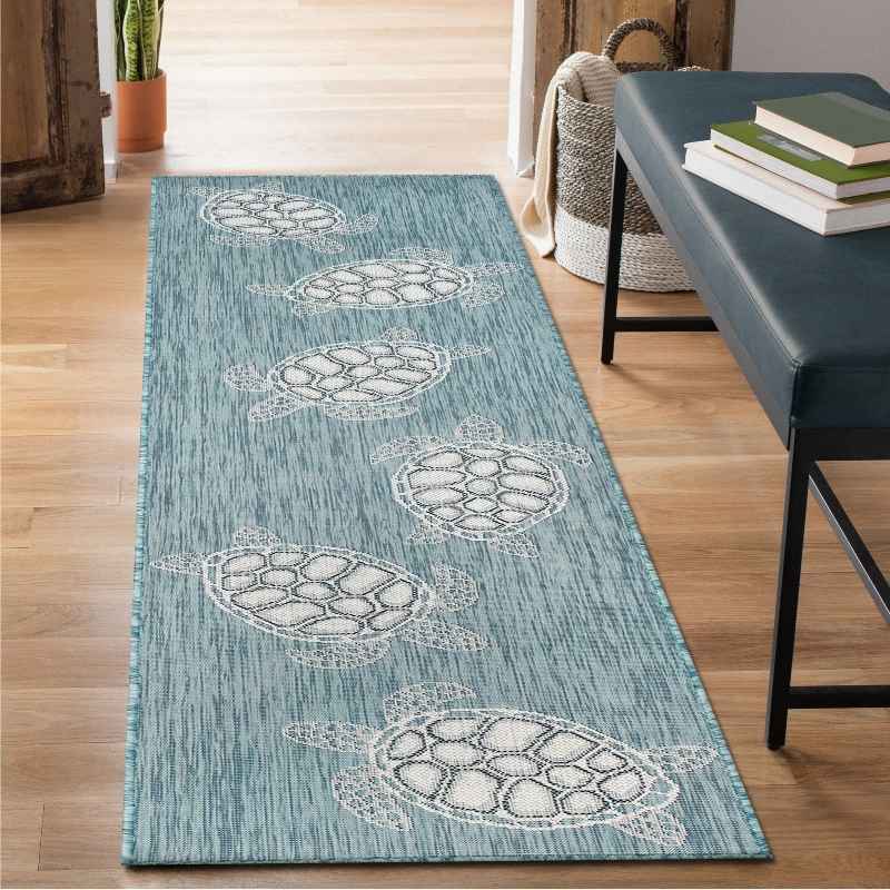 Indoor/Outdoor Textured Sea Turtles Polypropylene Runner, 23" x 7'6" - Aqua